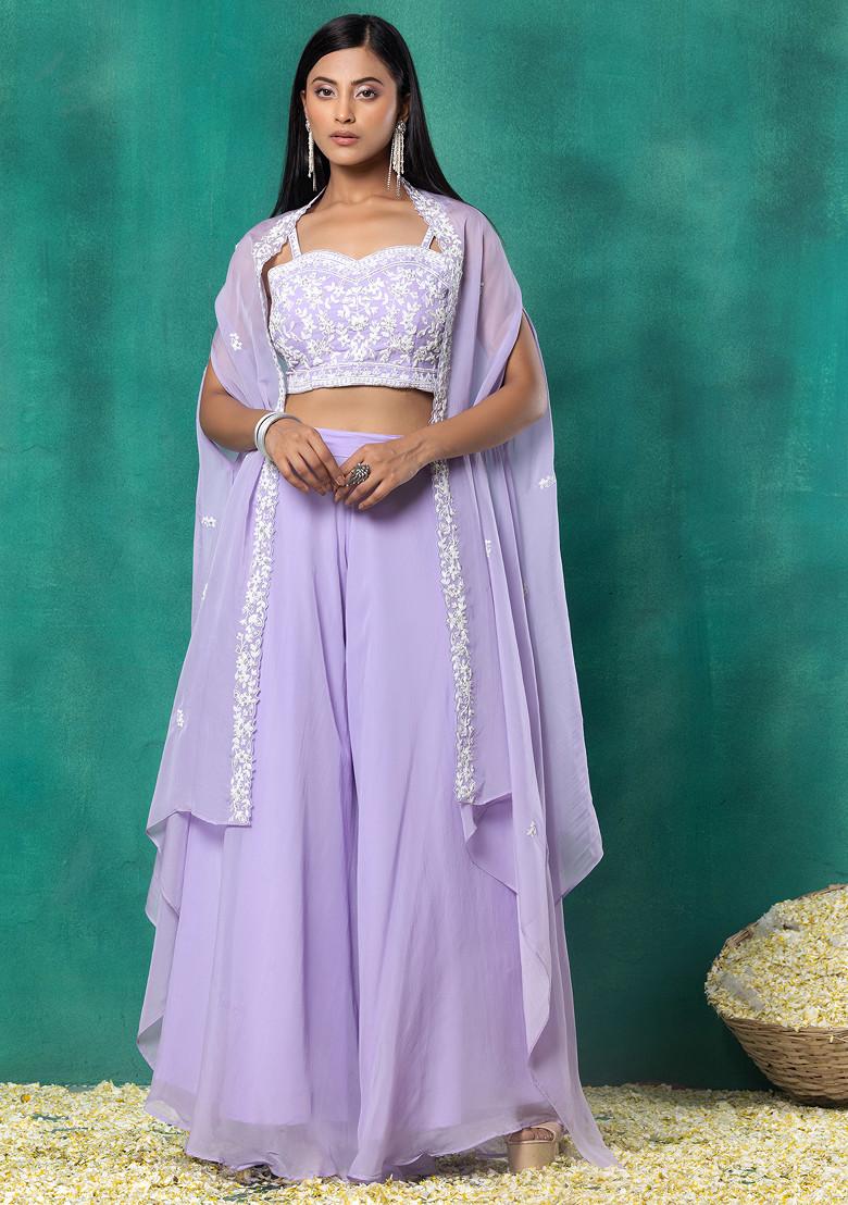 Buy Women Lilac Sharara Set With Floral Thread Embroidered Blouse And Jacket - Fusion Style Sets ...