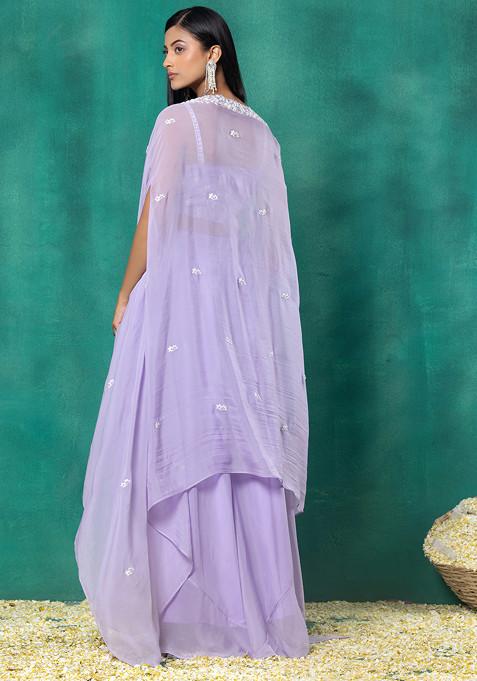 Buy Women Lilac Sharara Set With Floral Thread Embroidered Blouse And Jacket - ILK02761 - Crop ...