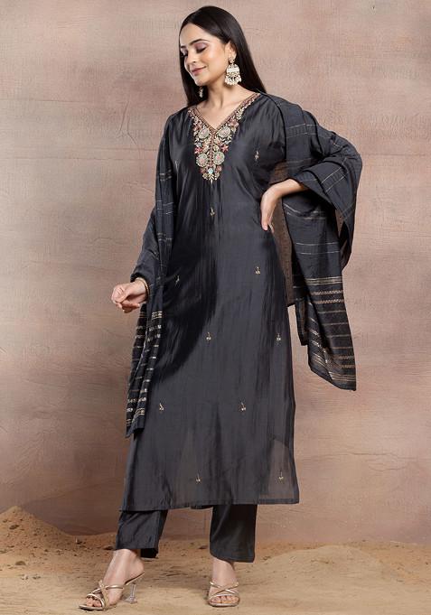Buy Women Charcoal Grey Floral Sequin Bead Embellished Kurta Set With ...