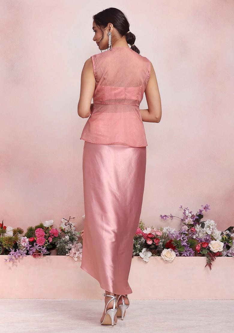 Buy Women Pastel Pink Sequin Pearl Hand Embroidered Organza Jacket Set With Satin Blouse And