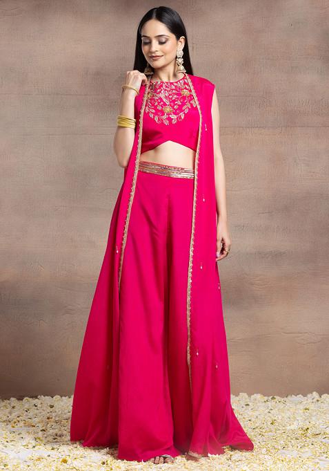 Buy Women Fuchsia Pink Jacket Set With Sequin Hand Embroidered Blouse And Palazzo Ilk02920