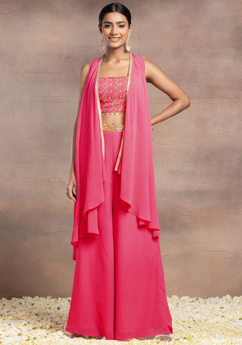 Buy Women Hot Pink Jacket Set With Sequin Bead Hand Embroidered Blouse And Palazzo Ilk02934