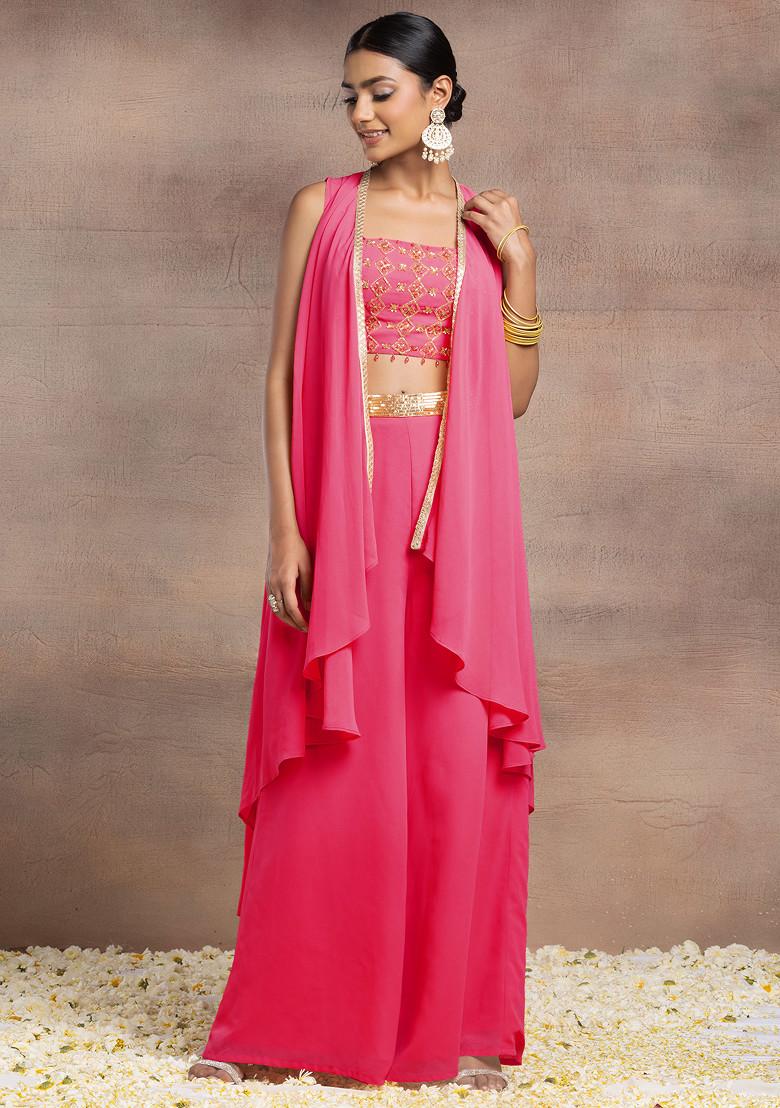 Buy Women Hot Pink Jacket Set With Sequin Bead Hand Embroidered Blouse And Palazzo Ilk02934