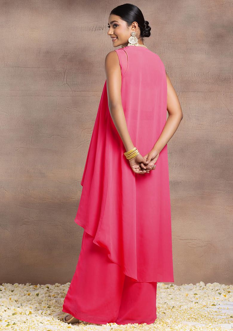 Buy Women Hot Pink Jacket Set With Sequin Bead Hand Embroidered Blouse And Palazzo Ilk02934