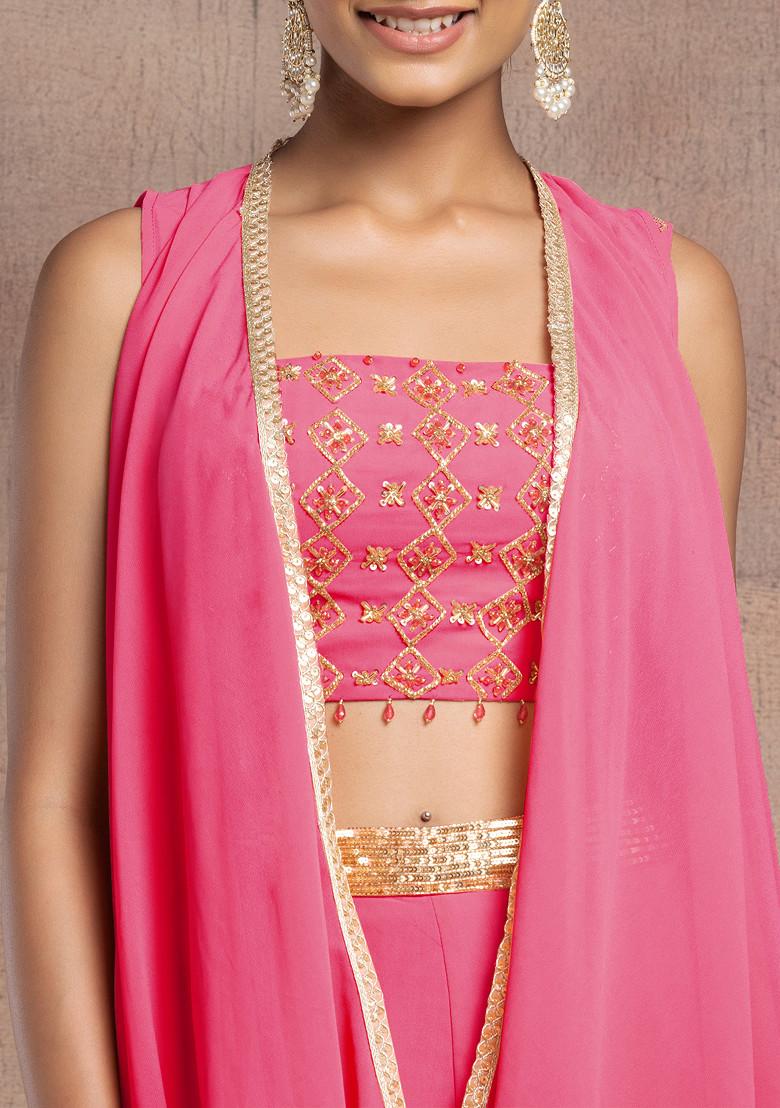 Buy Women Hot Pink Jacket Set With Sequin Bead Hand Embroidered Blouse And Palazzo Ilk02934