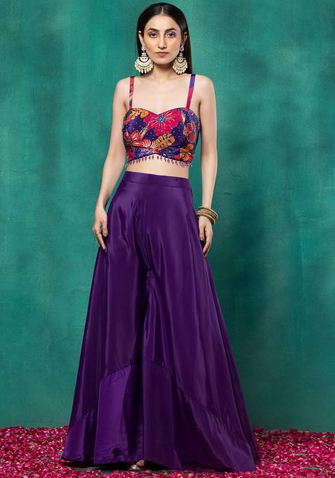 Buy Women Purple Sharara Set With Floral Print Embellished Blouse And ...