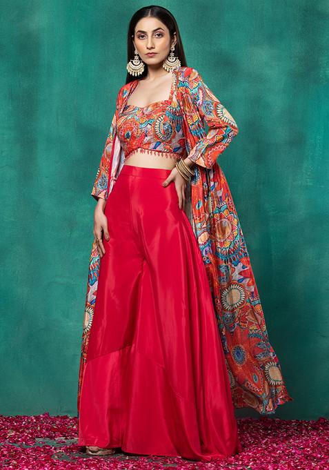 Buy Women Pink Sharara Set With Floral Print Embellished Blouse And ...