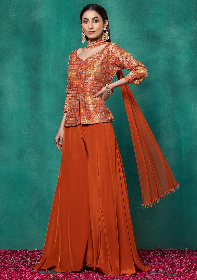 Buy Women Orange Sharara Set With Paisley Sequin Embellished Short ...