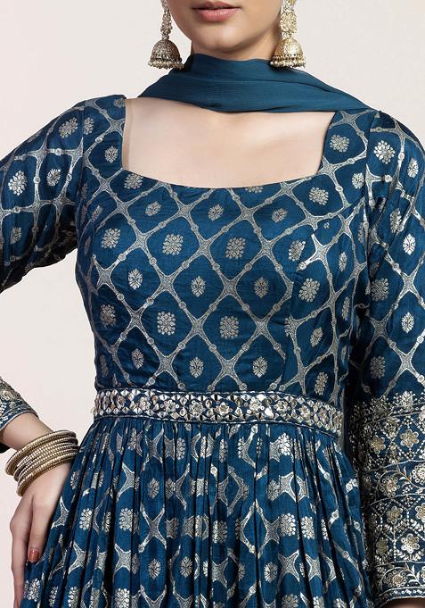 Buy Women Teal Blue Floral Print Brocade Anarkali With Dupatta ...