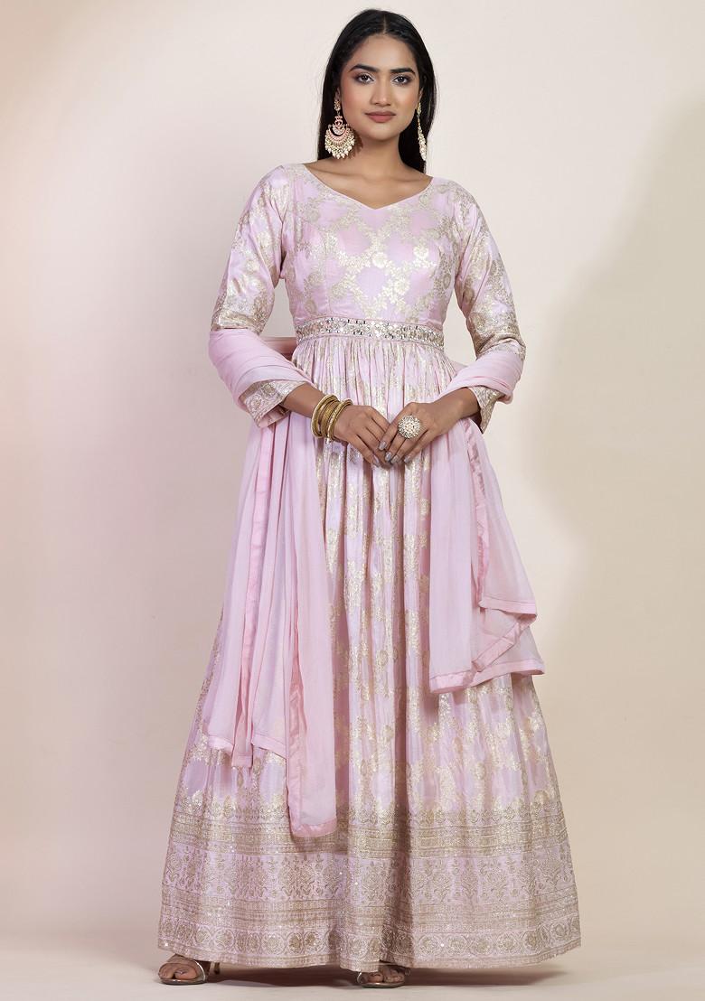 Buy Women Light Pink Floral Print Brocade Anarkali With Dupatta ...