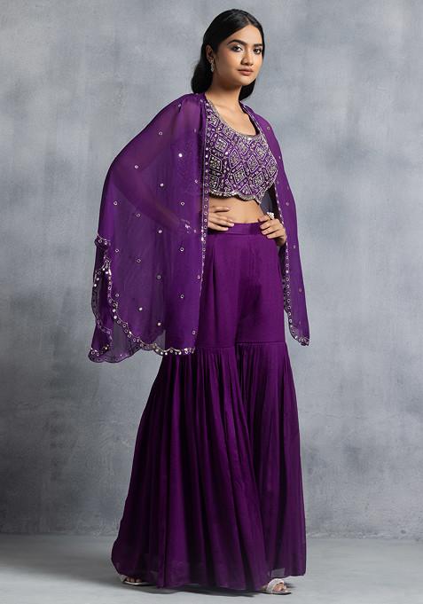 Buy Women Purple Sharara Set With Bead Mirror Embellished Blouse And ...