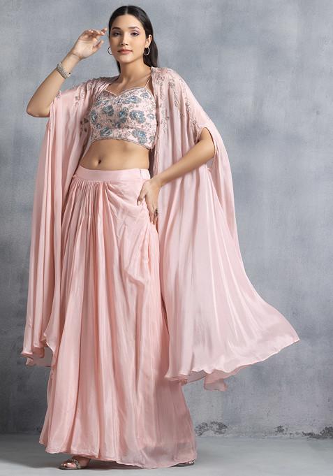 Buy Women Light Pink Bead Embroidered Jacket Set With Floral Embroidered Blouse And Pleated