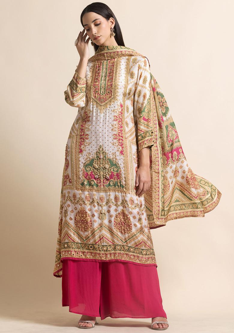 Buy Women Multicolour Abstract Print Kurta Set With Pink Pants And ...