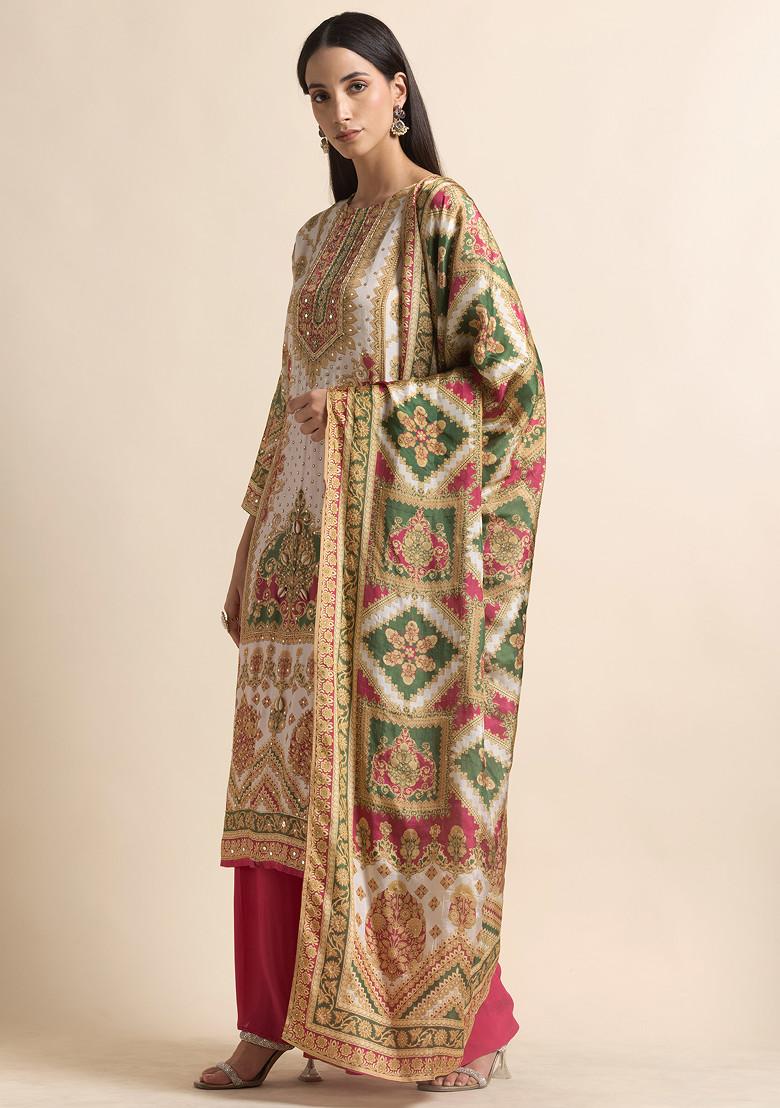 Buy Women Multicolour Abstract Print Kurta Set With Pink Pants And ...