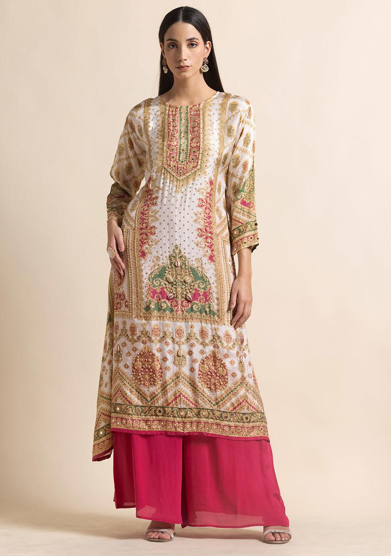 Buy Women Multicolour Abstract Print Kurta Set With Pink Pants And ...