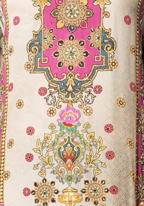 Buy Women Brown Multicolour Abstract Print Embellished Kurta Set With ...