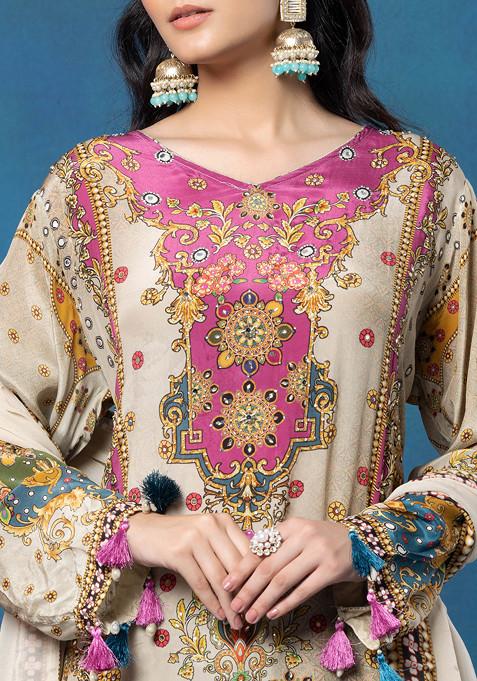 Buy Women Brown Multicolour Abstract Print Embellished Kurta Set With ...