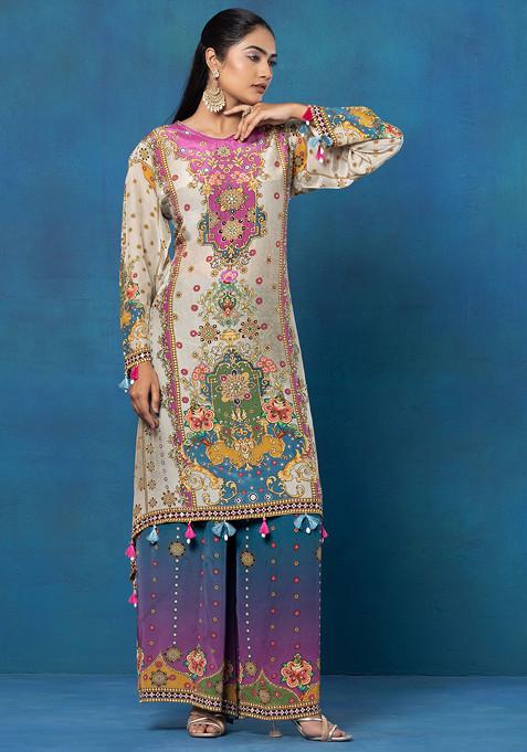 Buy Women Blue Multicolour Abstract Print Embellished Kurta Set With ...