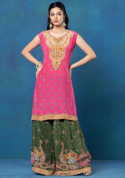 Buy Women Pink Abstract Print Sharara Set With Embellished Kurta And ...