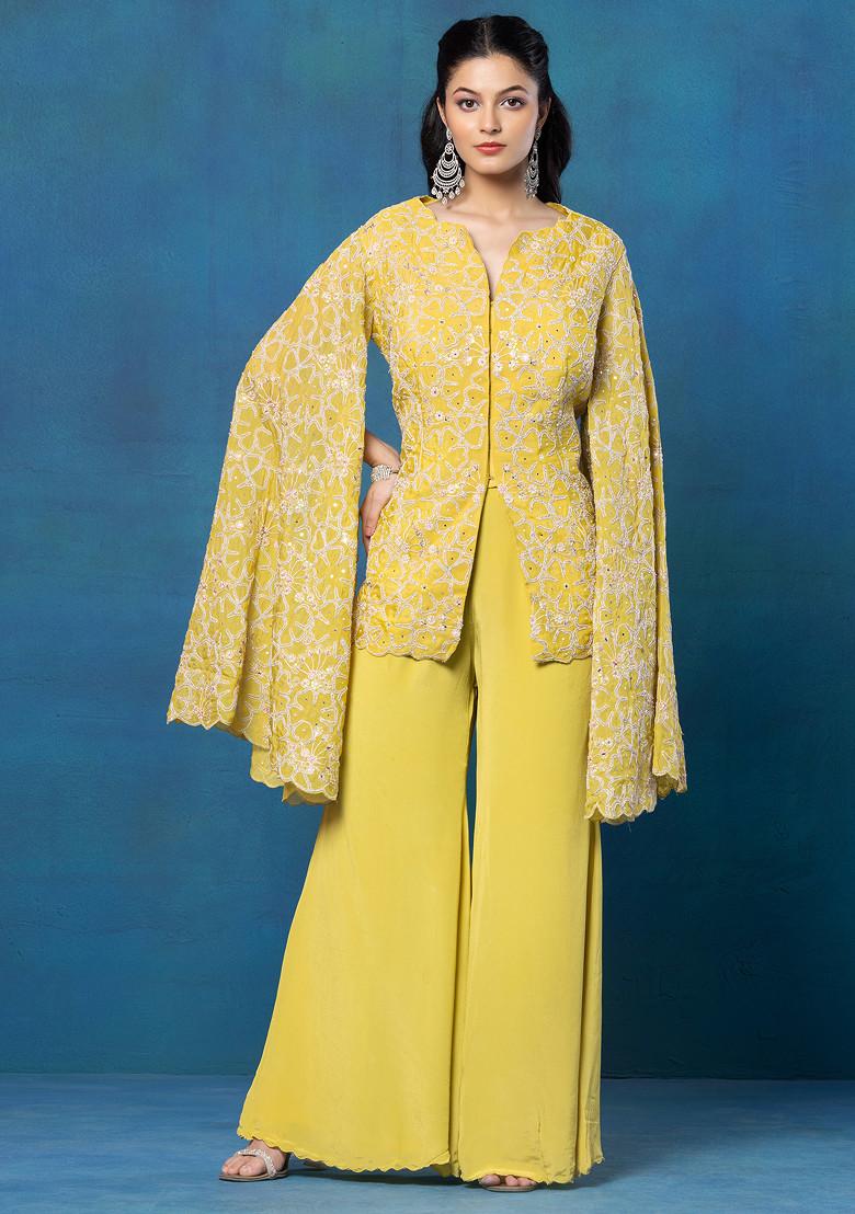 Buy Women Yellow Floral Zari Embroidered Jacket Set With Sharara ...