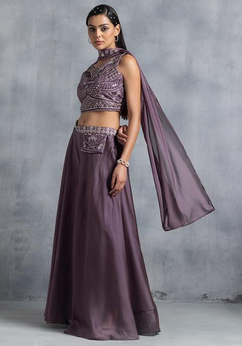 Buy Women Purple Sharara Set With Floral Mirror Embellished Blouse And ...