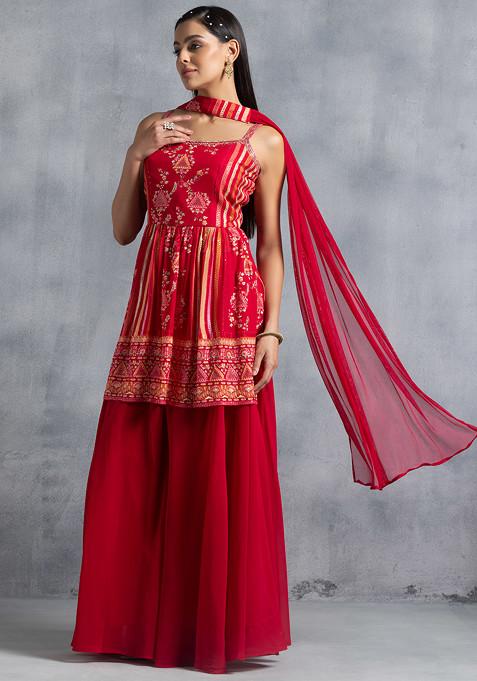 Buy Women Red Sharara Set With Floral Sequin Embellished Short Kurta ...