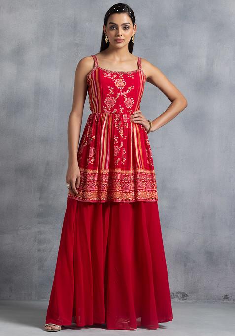 Buy Women Red Sharara Set With Floral Sequin Embellished Short Kurta ...