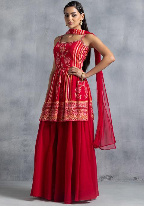 Buy Women Red Sharara Set With Floral Sequin Embellished Short Kurta ...
