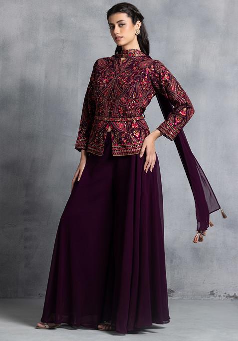 Buy Women Purple Sharara And Multicolour Zari Embroidered Kurta Set ...