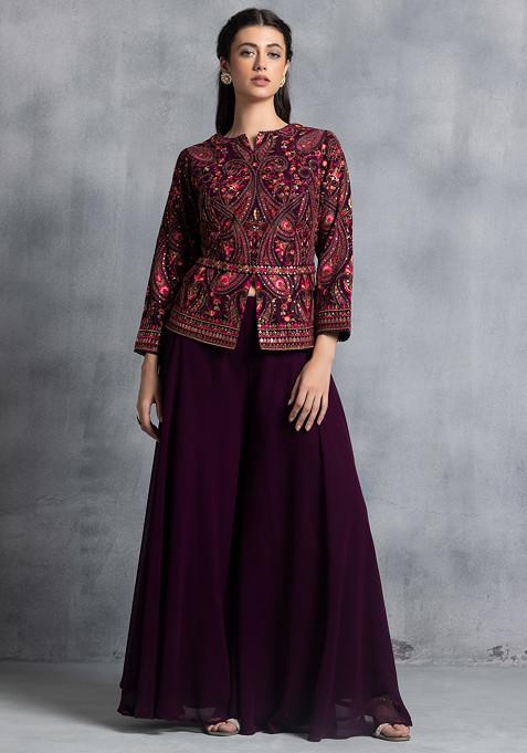 Buy Women Purple Sharara And Multicolour Zari Embroidered Kurta Set ...