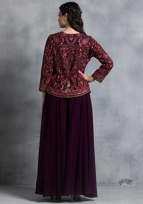 Buy Women Purple Sharara And Multicolour Zari Embroidered Kurta Set ...