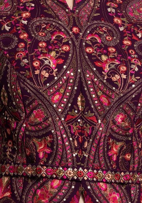 Buy Women Purple Sharara And Multicolour Zari Embroidered Kurta Set ...