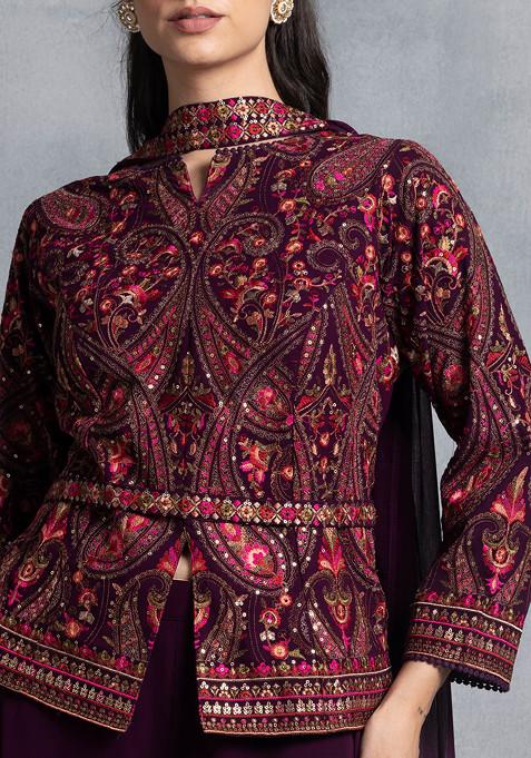 Buy Women Purple Sharara And Multicolour Zari Embroidered Kurta Set ...