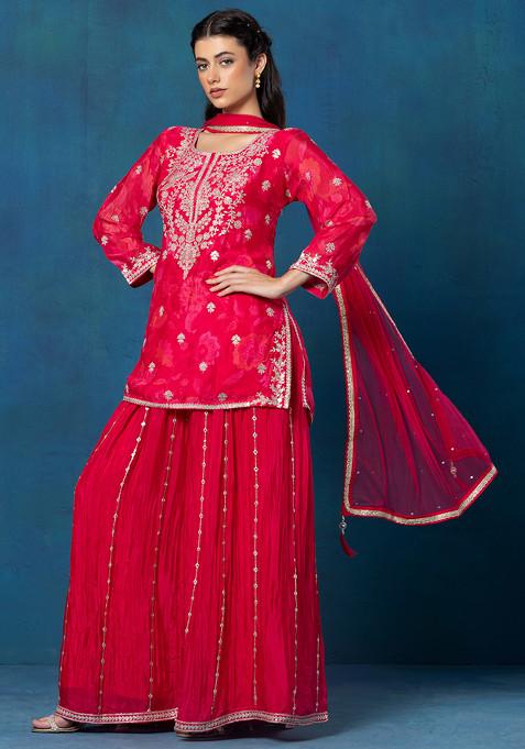 Buy Women Pink Embellished Sharara Set With Zari Embellished Short