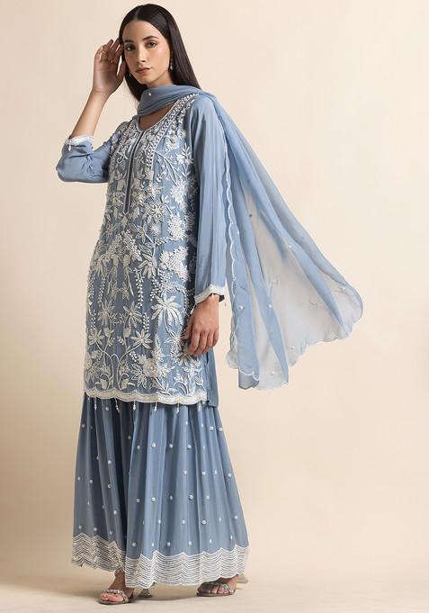Buy Women Light Blue Embellished Sharara Set With Pearl Embellished ...