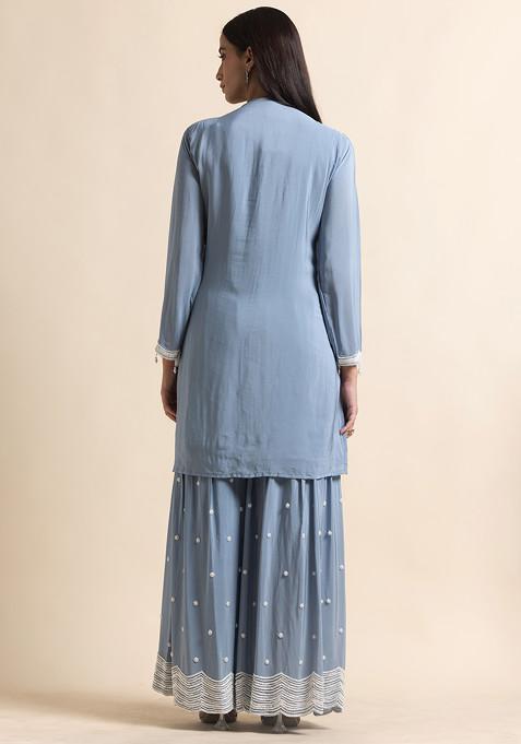 Buy Women Light Blue Embellished Sharara Set With Pearl Embellished ...