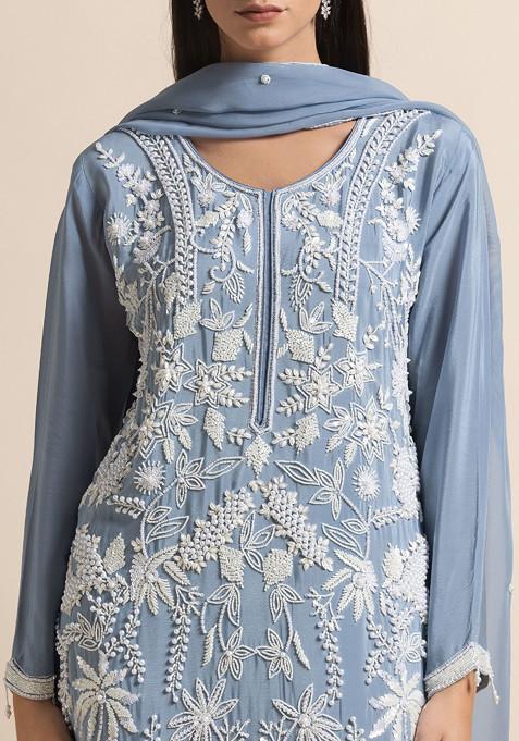 Buy Women Light Blue Embellished Sharara Set With Pearl Embellished ...