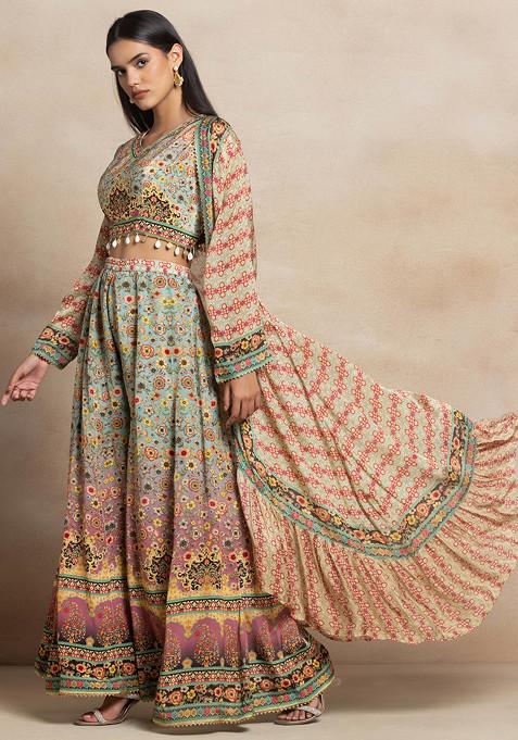 Buy Women Blue Multicolour Printed Sharara Set With Swarovski ...