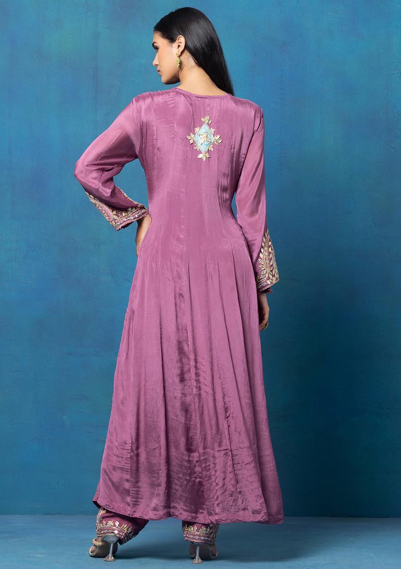 Buy Women Purple Gota Patti Embroidered Front Slit Anarkali Kurta Set ...