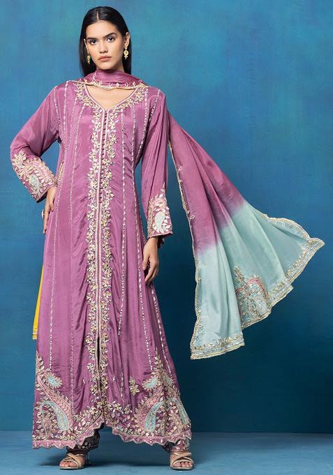 Buy Women Purple Gota Patti Embroidered Front Slit Anarkali Kurta Set ...
