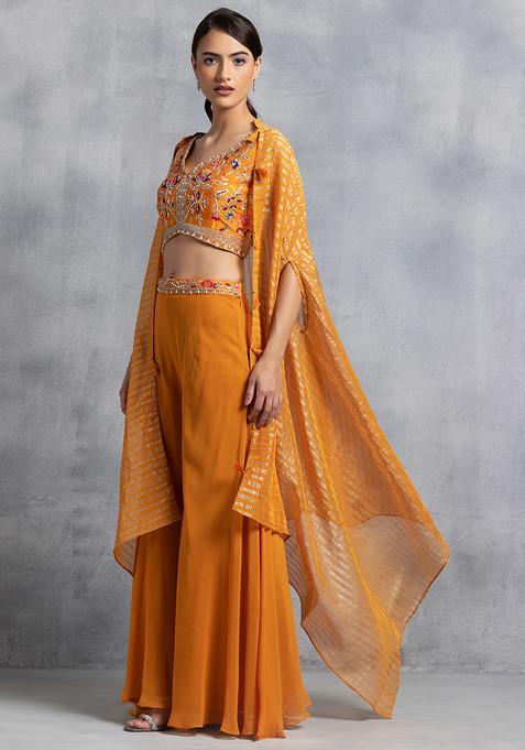 Buy Women Orange Sharara Set With Multicolour Zari Hand Embroidered ...