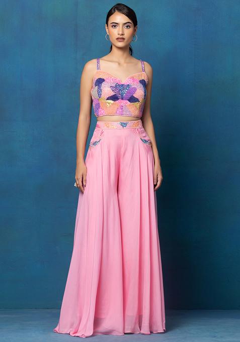 Buy Women Pink Sharara Set With Multicolour Sequin Hand Embellished ...