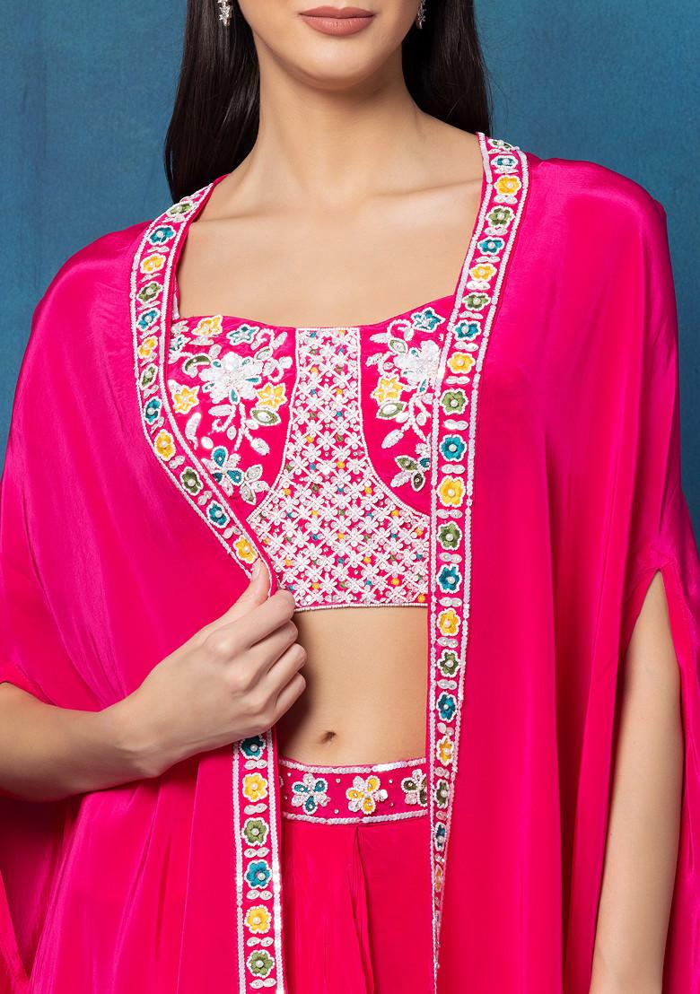 Buy Women Hot Pink Jacket Set With Multicolour Sequin Bead Embellished Blouse And Skirt