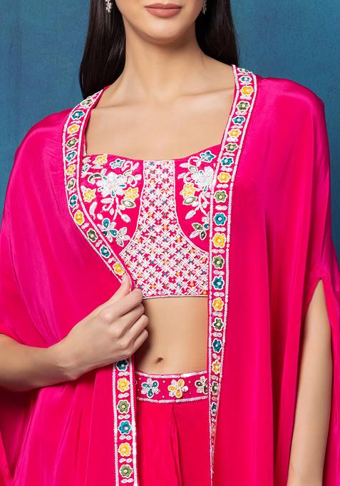 Buy Women Hot Pink Jacket Set With Multicolour Sequin Bead Embellished ...