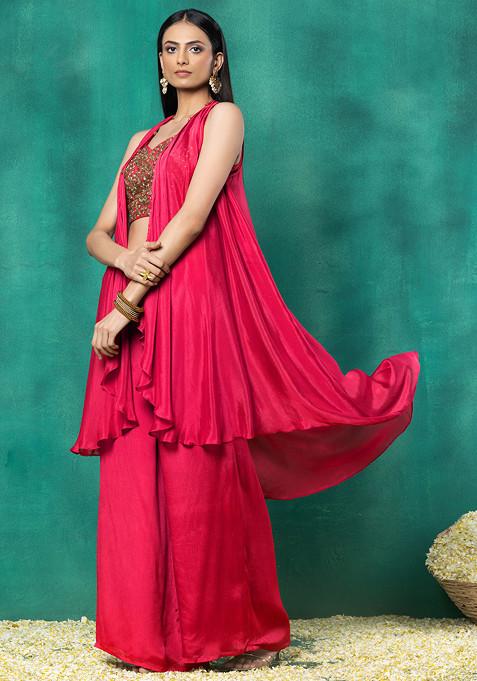 Buy Women Hot Pink Jacket Set With Floral Jaal Bead Hand Embroidered ...