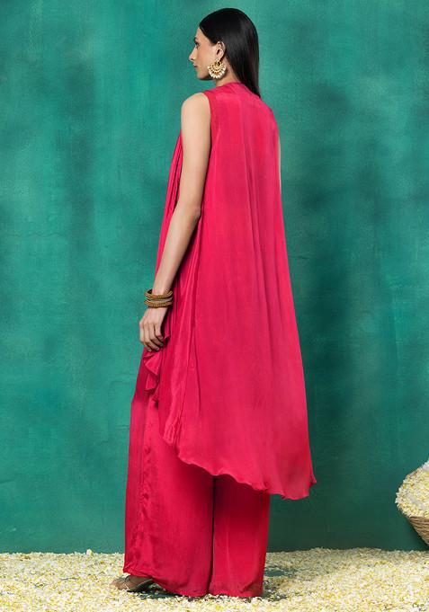 Buy Women Hot Pink Jacket Set With Floral Jaal Bead Hand Embroidered ...