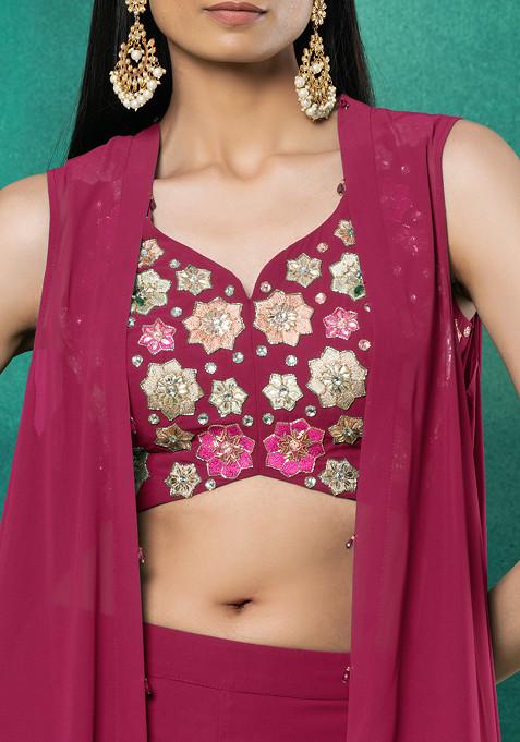 Buy Women Hot Pink Jacket Set With Multicolour Thread Hand Embroidered Blouse And Pants