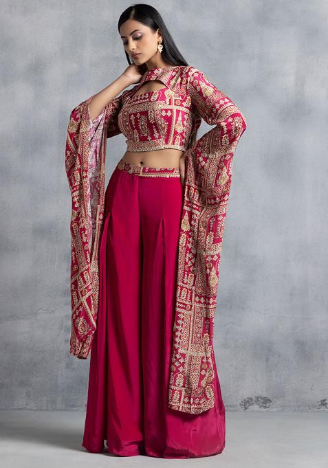 Buy Women Pink Palazzo Set With Floral Print Mirror Embellished Blouse ...