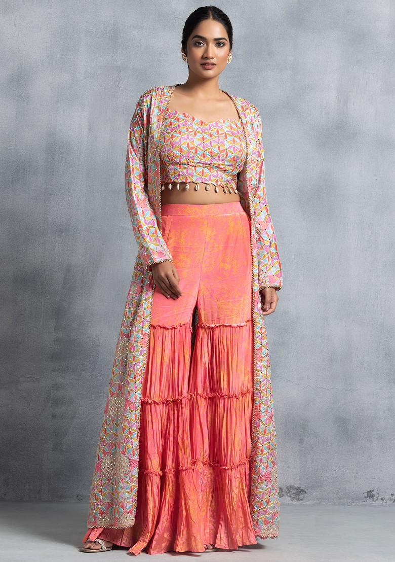 Buy Women Pink Sharara Set With Multicolour Embellished Blouse And ...