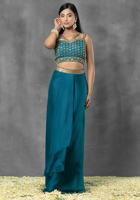 Buy Women Turquoise Jacket Set With Floral Sequin Hand Embroidered ...